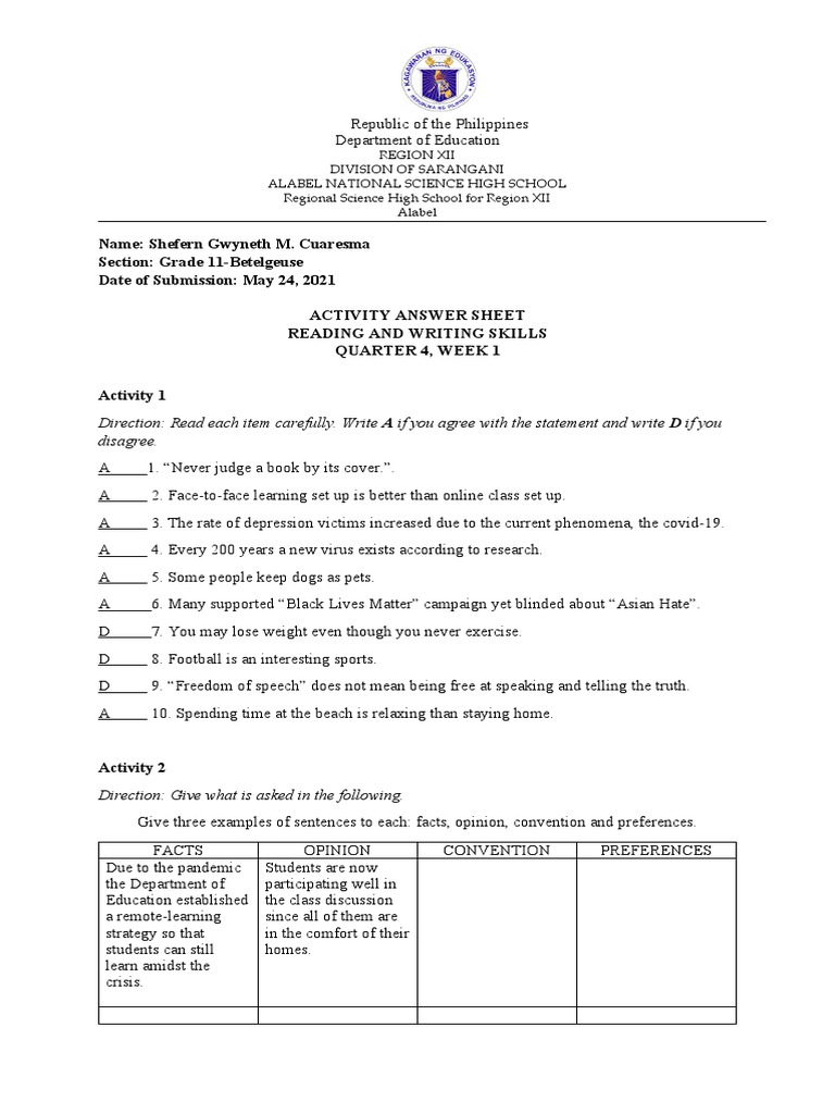 Activity Answer 1 | PDF | Human Nature | Schools