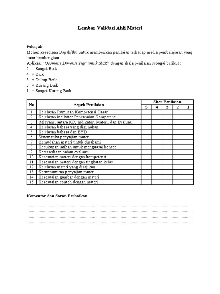 Lembar Validasi Ahli Materi Dan Ahli Media Aplikasi Geometri Dimensi ...