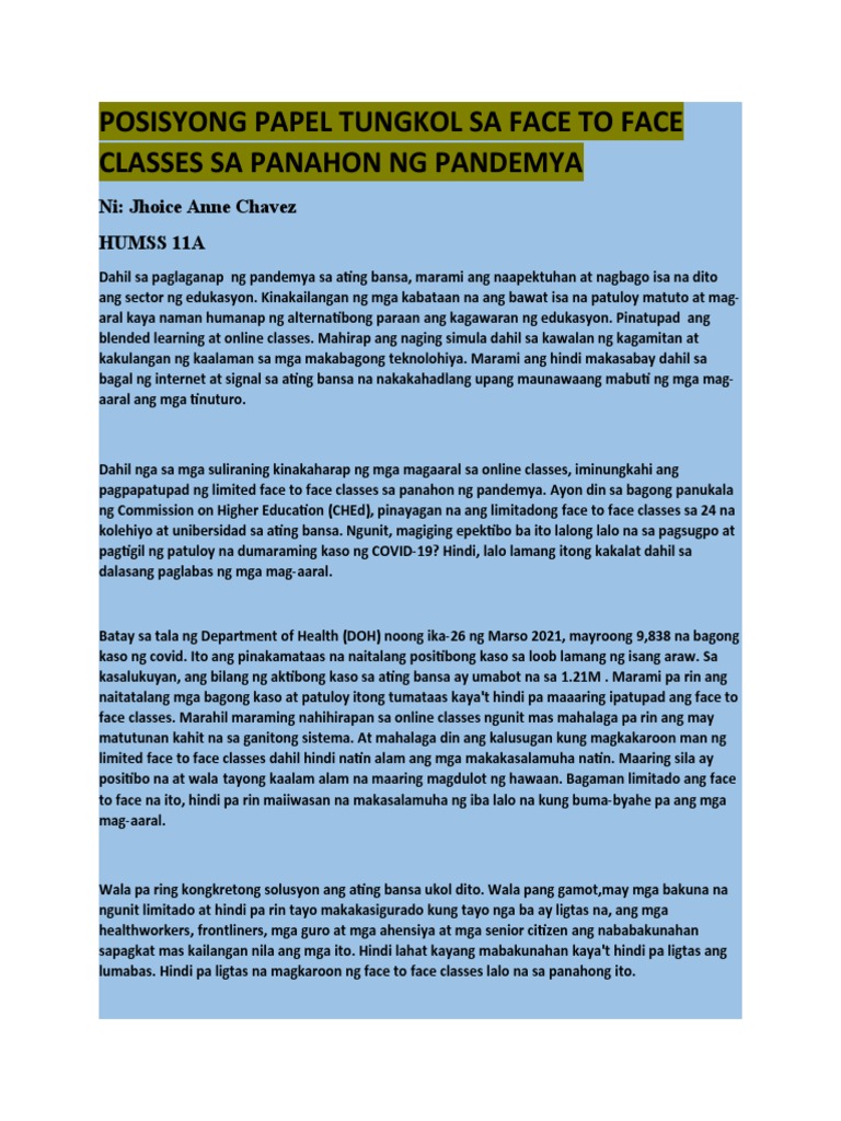 Posisyong Papel Tungkol Sa Face To Face Classes Sa Panahon NG Pandemya | PDF