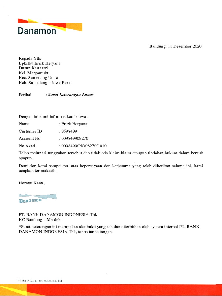Surat Pelunasan Danamon | PDF