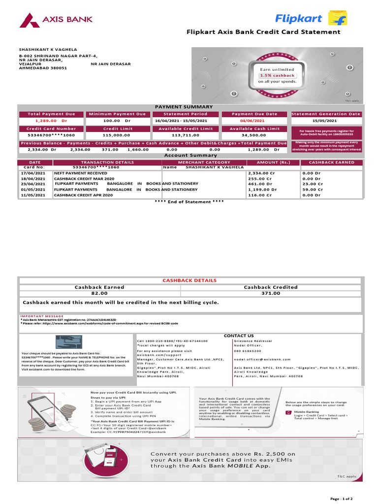 Axis Bank Credit Card Statement Overview | PDF | Payments | Credit Card