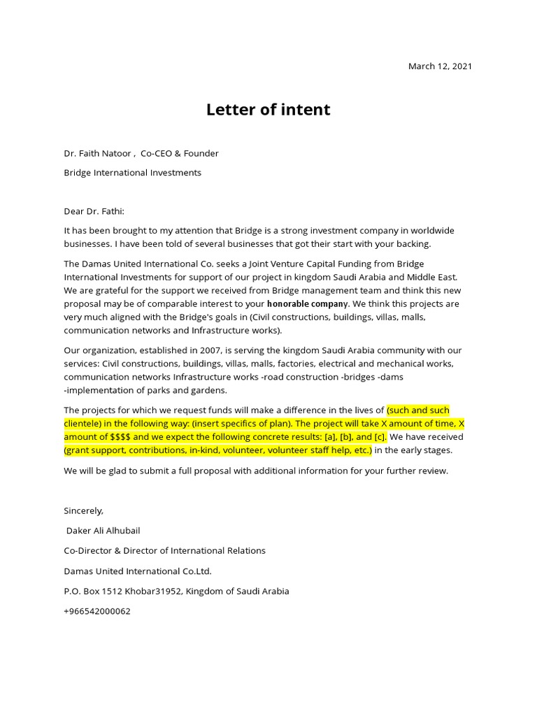 Letter of Intent: Honorable Company | PDF