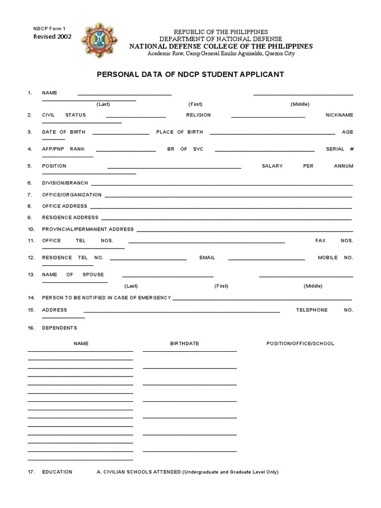 Personal Data of NDCP Student Applicant: Revised 2002 | PDF