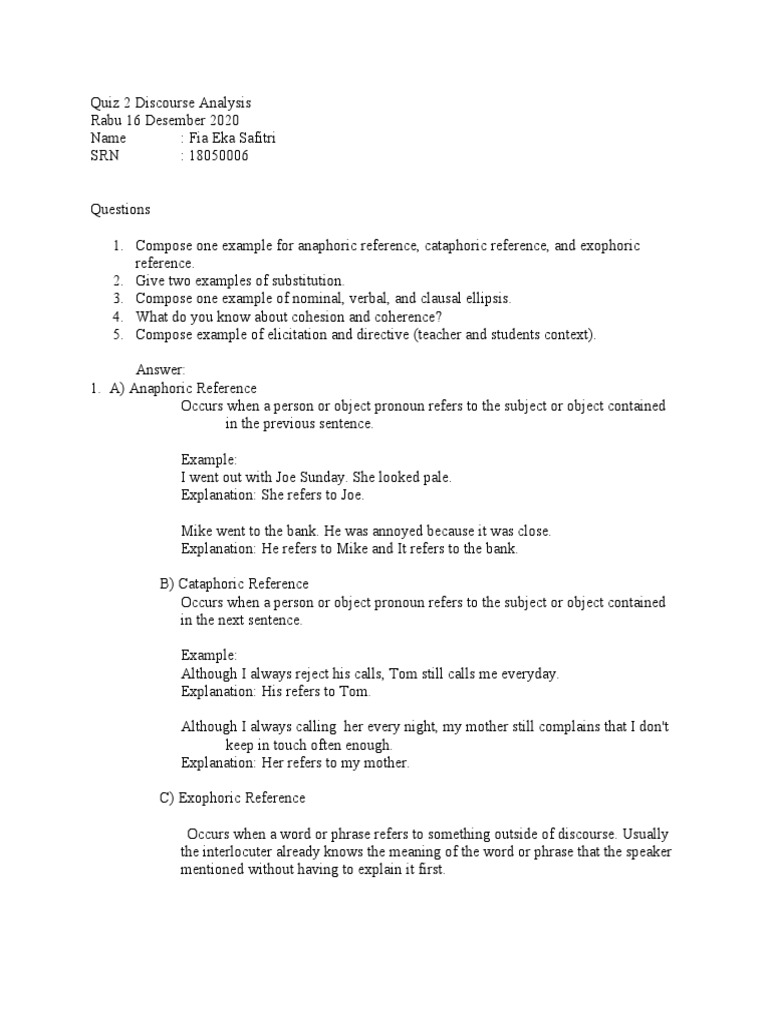 Quiz 2 Discourse Analysis | PDF | Ellipsis | Teachers