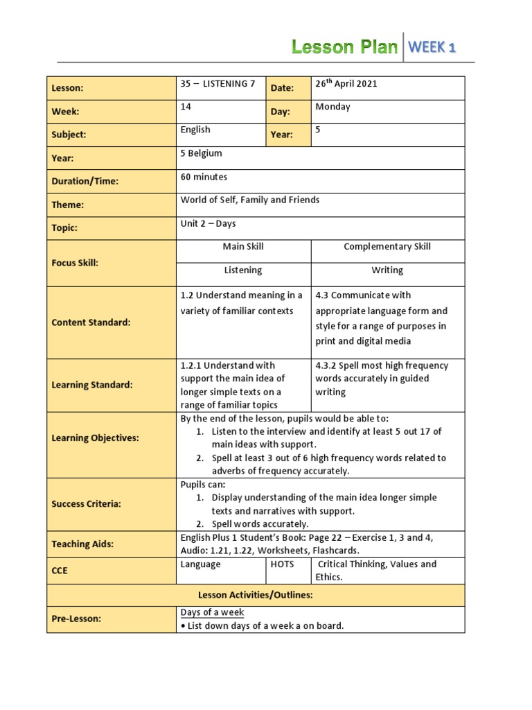 Lesson Plan - Week 1 | PDF | English Language | Critical Thinking