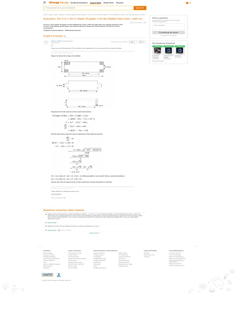 Question: An 6 in X 10 in Sheet of Paper Is To Be Folded Into A Box ...