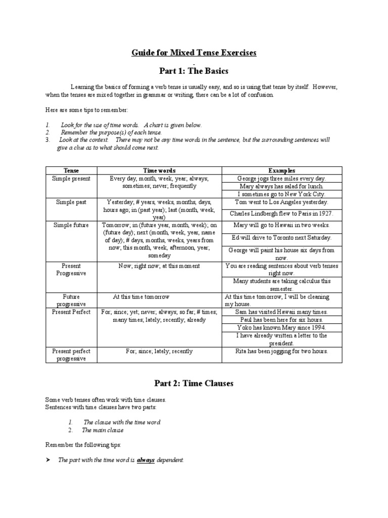 Guide For Mixed Tense Exercises | PDF | Grammatical Tense | Syntax