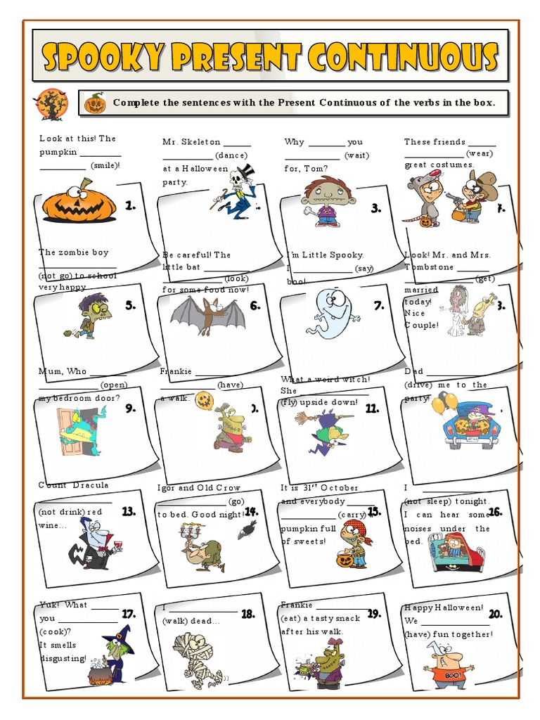Halloween Present Continuous Exercise | PDF | Halloween | Foods
