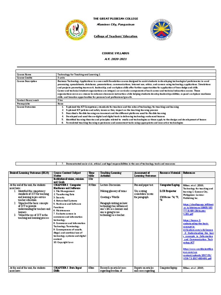 Technology For Teaching and Learning 1 Syllabus | PDF | Educational ...