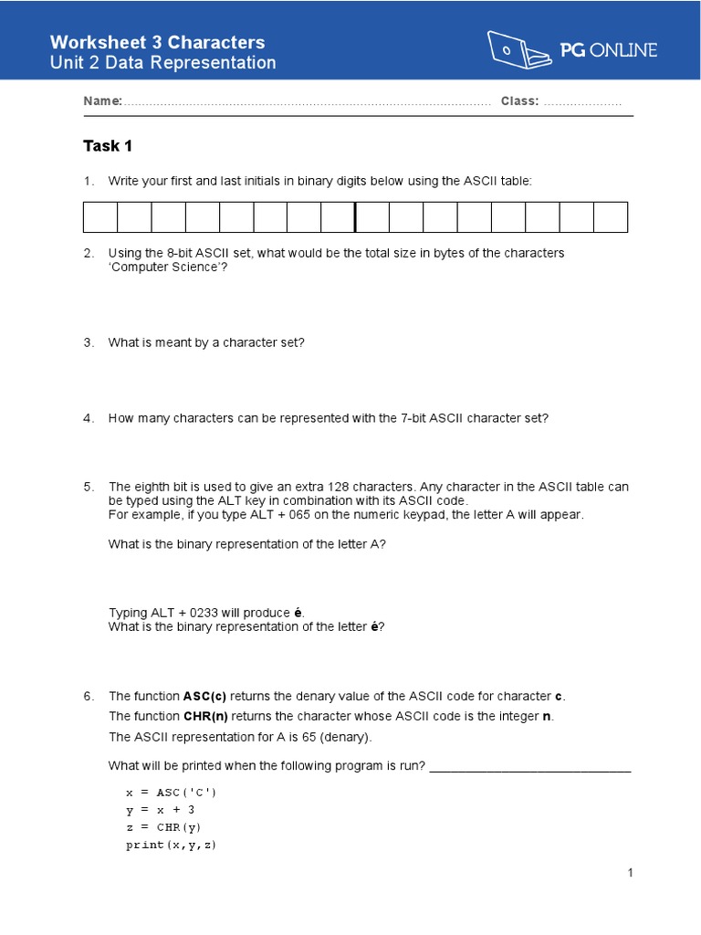 Unit 2 Data Representation Worksheet 3 Characters Download Free Pdf Ascii Integer 4206