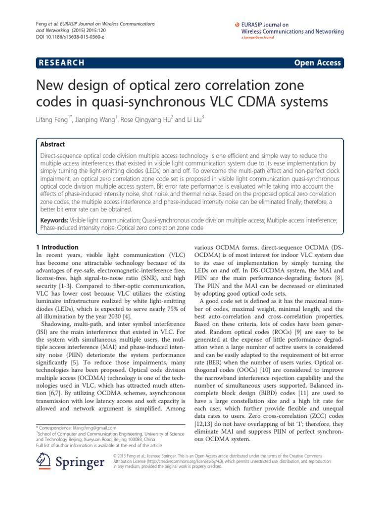 New Design of Optical Zero Correlation Zone Codes in Quasi-Synchronous VLC CDMA Systems | PDF ...