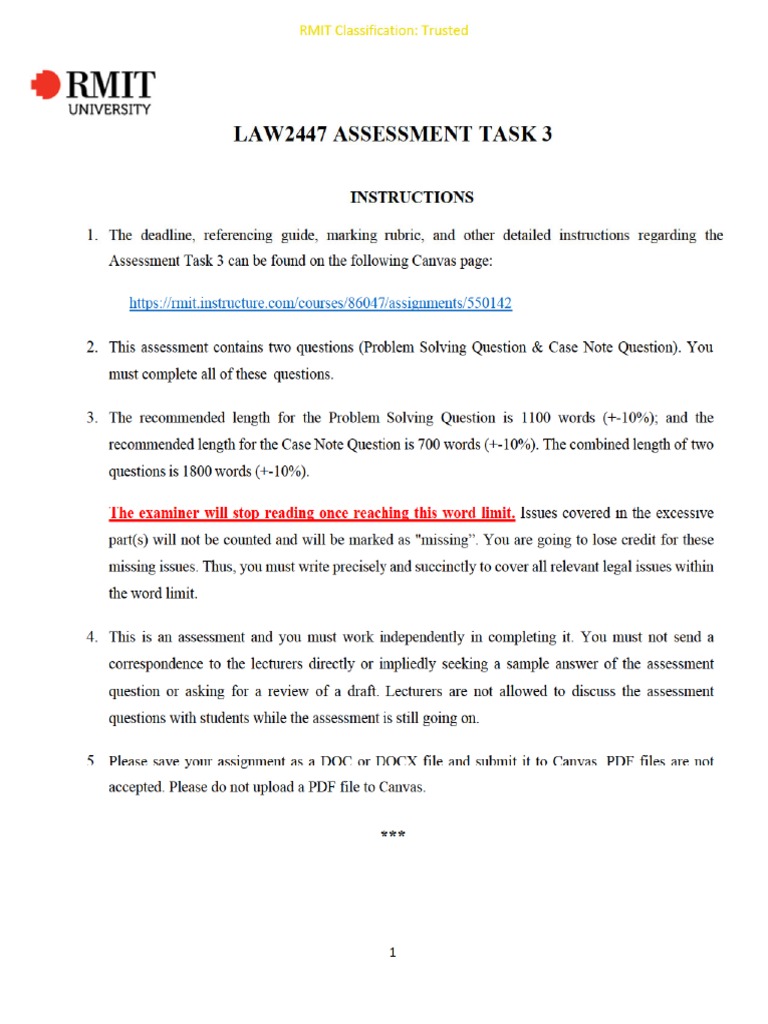 LAW2447 Assessment Task 3 Questions Sem 1-2021 (Official Version) | PDF