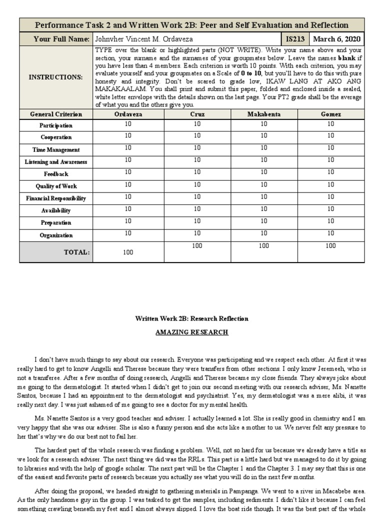 Performance Task 2 and Written Work 2B: Peer and Self Evaluation and ...