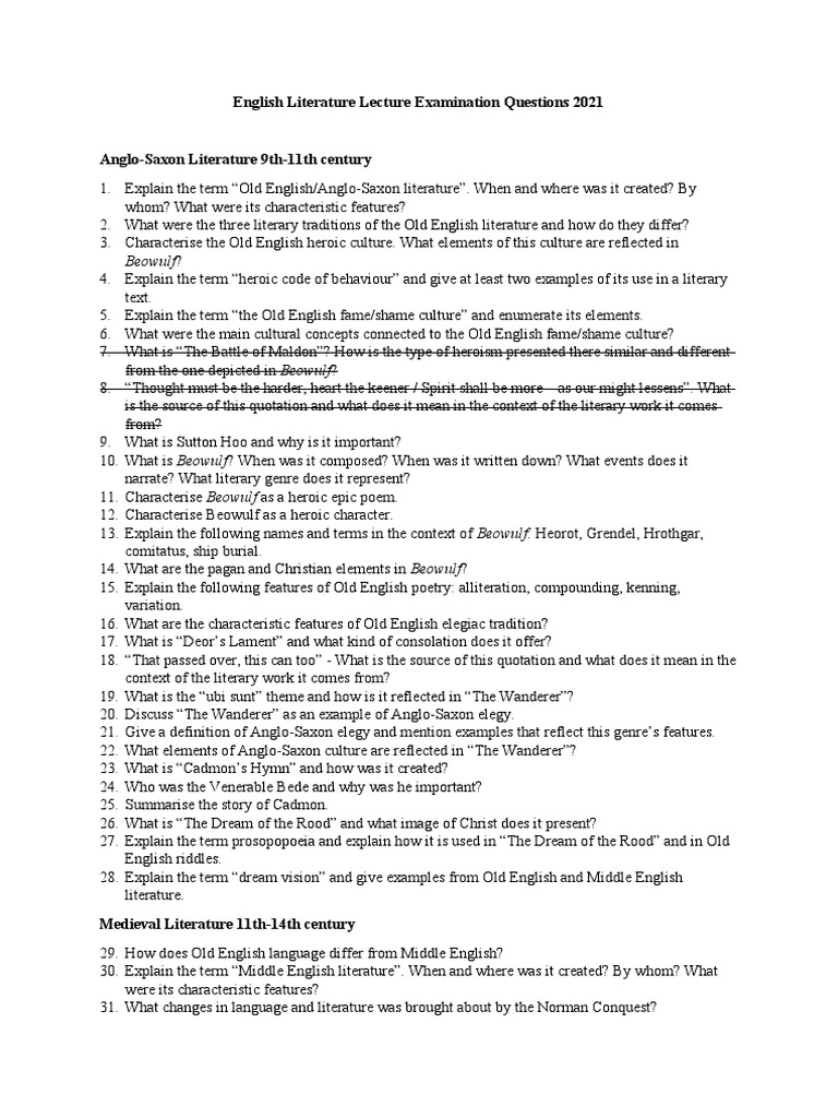 Eng Lit Lecture Oral Exam - 2021 | PDF | Beowulf | English Literature