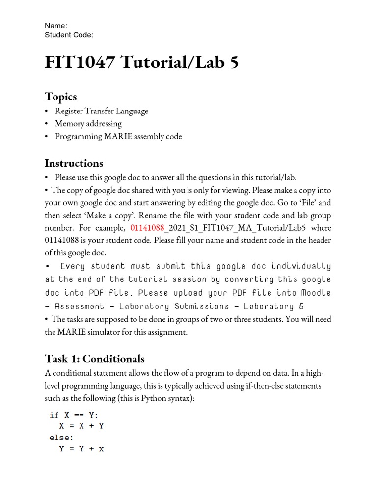 StudentCode 2021 S1 FIT1047 MA Tutorial Lab5 | PDF | Subroutine | Software Development