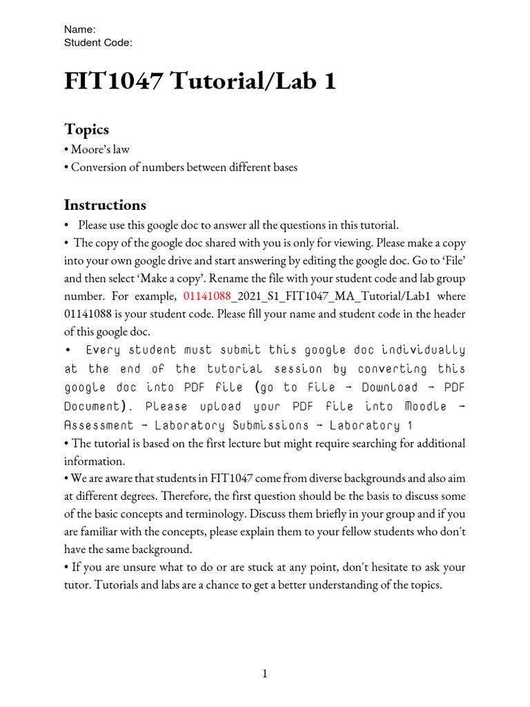 StudentCode 2021 S1 FIT1047 MA Tutorial Lab1 | Computing | Computers