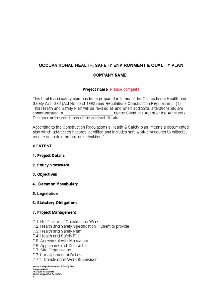 Health and Safety Plan Template | PDF | Occupational Safety And Health ...