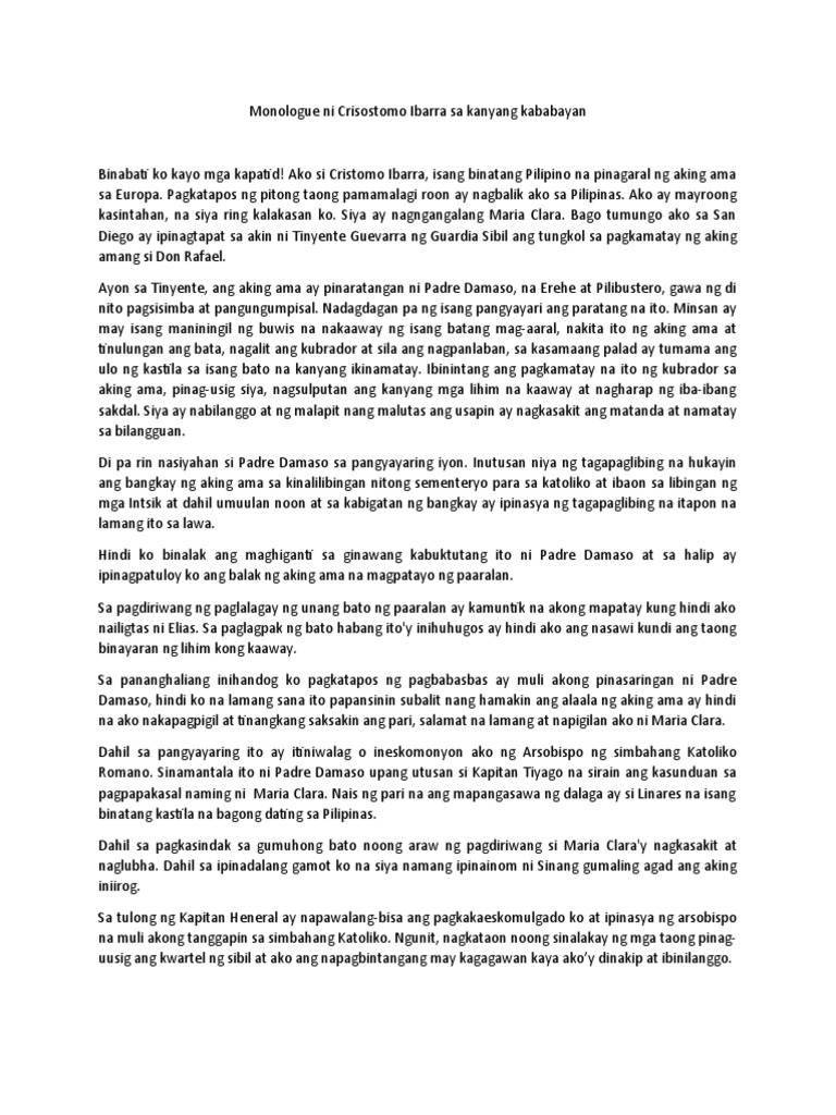 Monologue Ni Crisostomo Ibarra Sa Kanyang Kababayan | PDF
