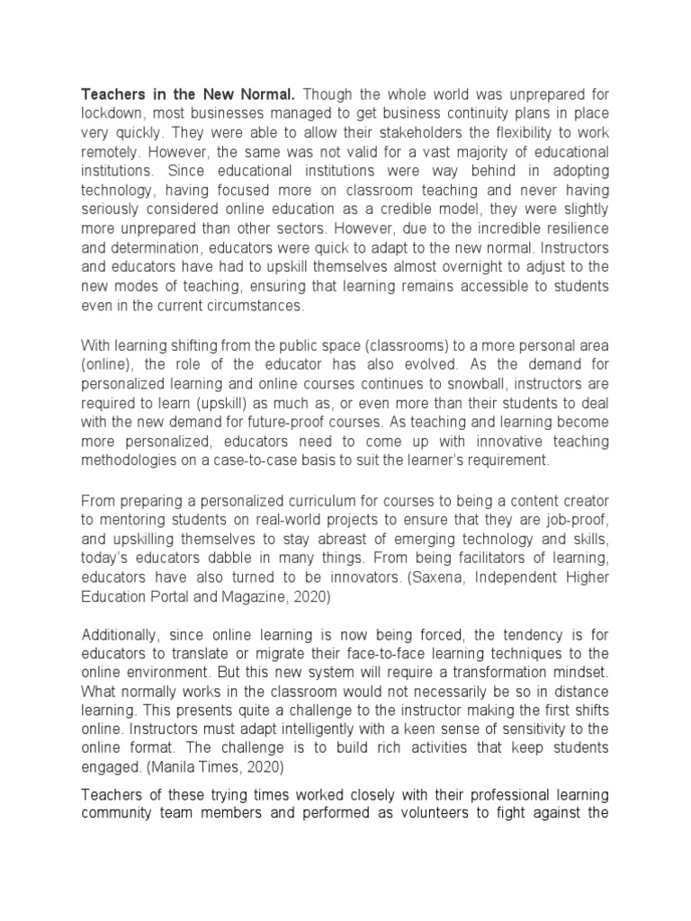 Teachers in The New Normal | PDF | Learning | Philosophy Of Education