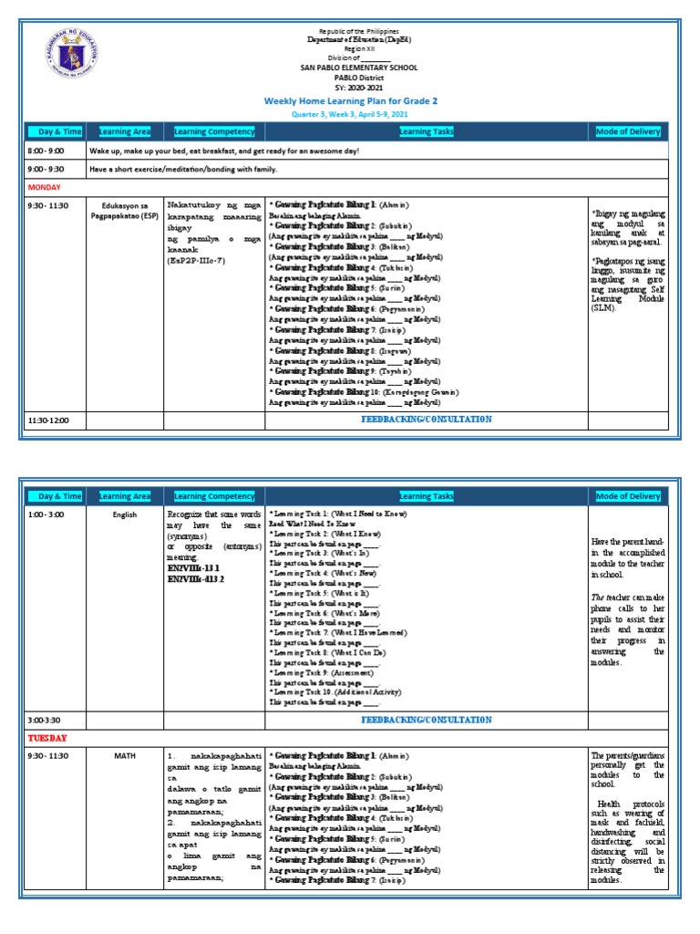 Weekly Home Learning Plan For Grade 2: Learning Area Learning ...