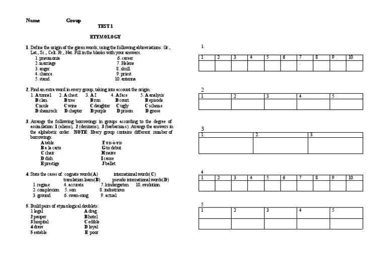 Etymology Test and Analysis Worksheet | PDF | Lexicology | Philology