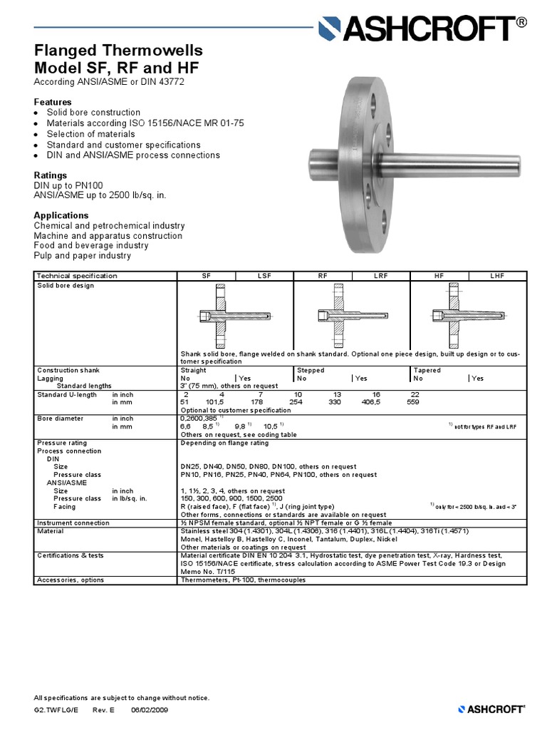Flanged Thermowells Model SF, RF and HF: Features | PDF | Mechanical ...