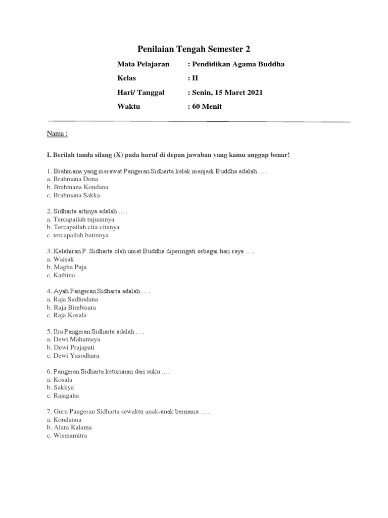 Penilaian Tengah Semester 1 Kelas II | PDF