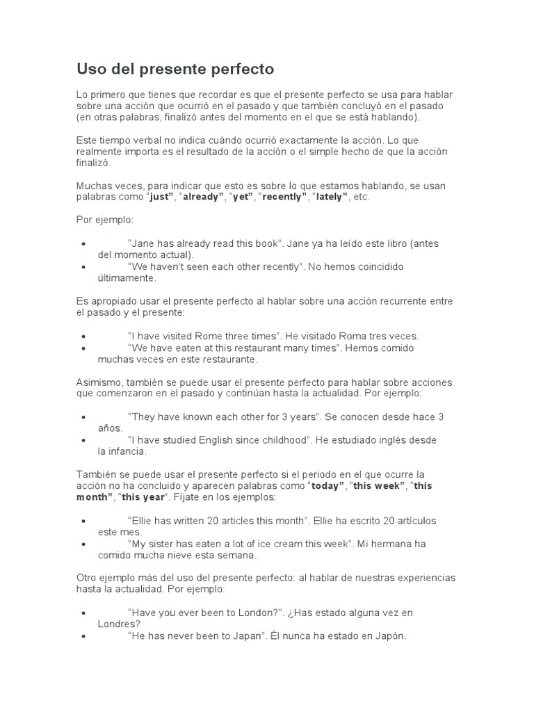 Uso Del Presente Perfecto Teoría | PDF | Verbo | Tipología Lingüística