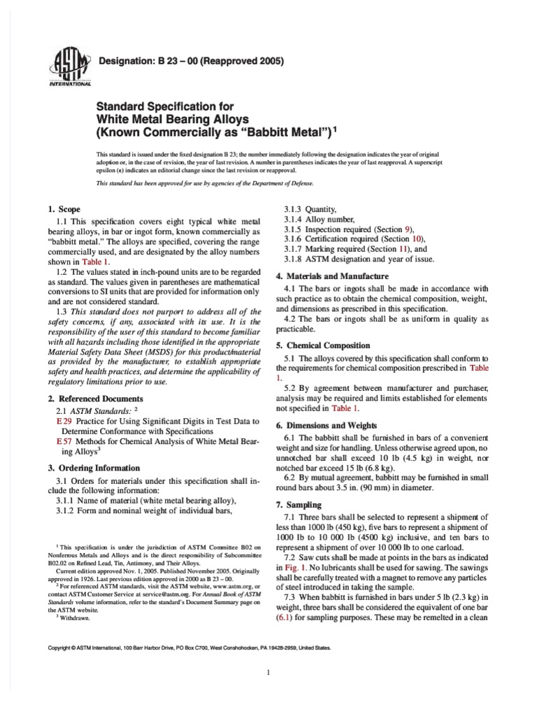 PDF Astm b23 Babbit - Compress | PDF | Specification (Technical Standard) | Chemical Elements