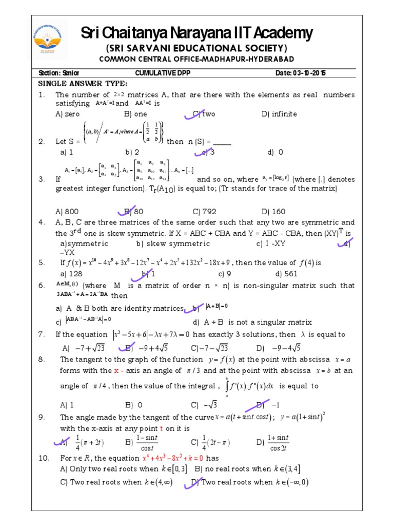 IIT Academy Matrix Problems | PDF | Matrix (Mathematics) | Function ...