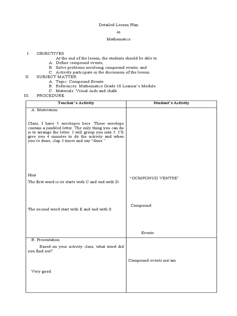 7.lesson Plan in Compound | PDF | Lesson Plan | Teaching Mathematics