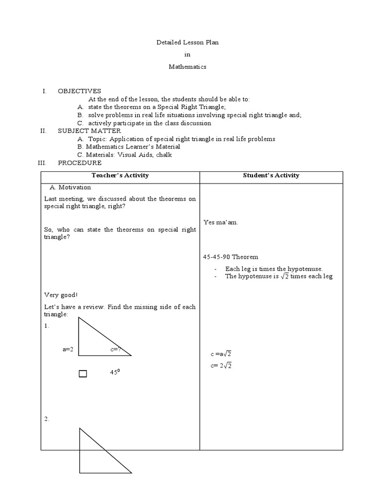 9.lesson Plan Application of Special Right | PDF | Lesson Plan | Triangle