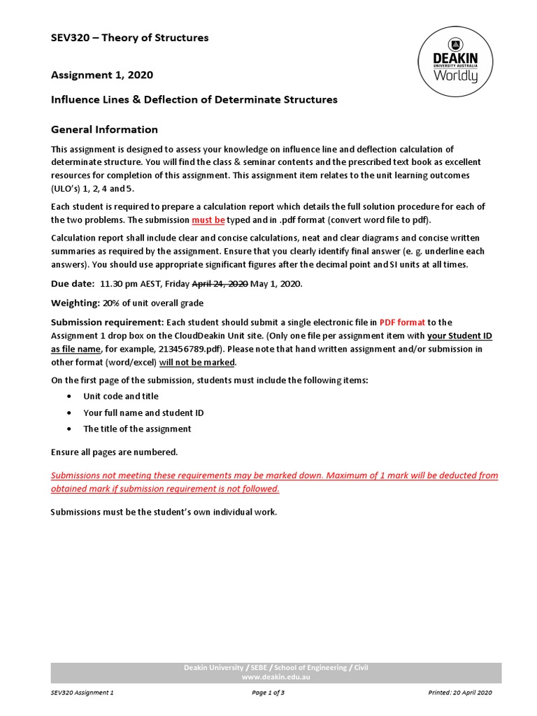 SEV320 - Theory of Structures Assignment 1, 2020 Influence Lines & Deflection of Determinate ...