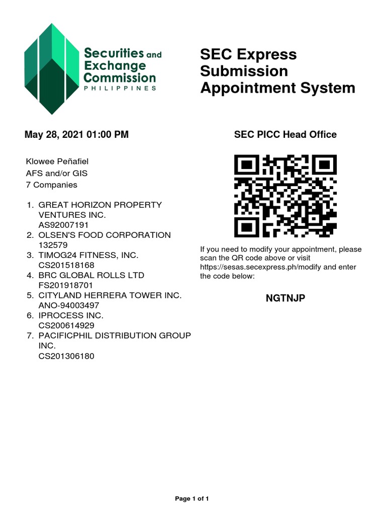 SEC Express Submission Appointment System: May 28, 2021 01:00 PM SEC ...