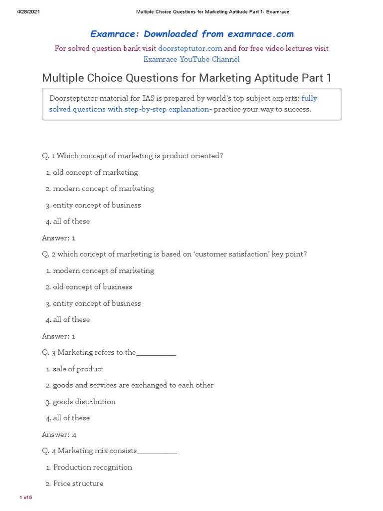 Marketing Aptitude MCQ Sample Test | PDF | Marketing | Customer