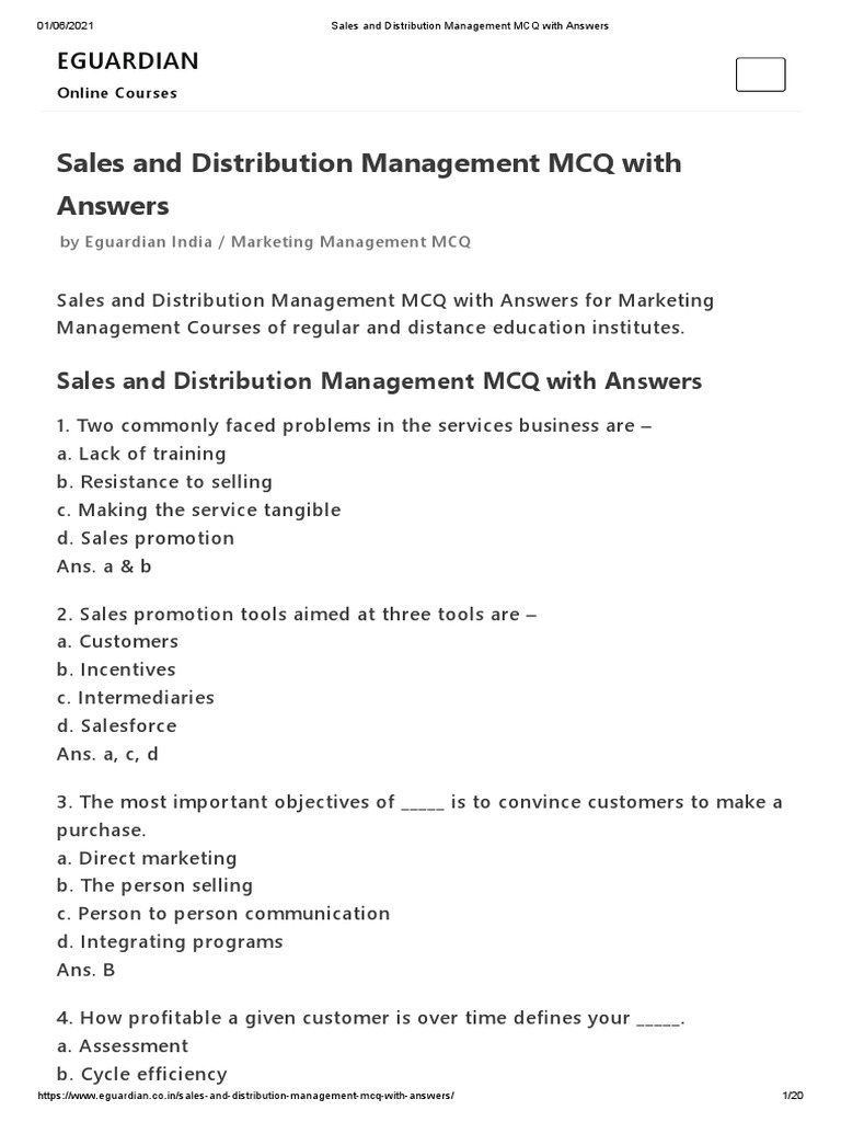 Sales and Distribution Management MCQ With Answers | PDF | Logistics ...