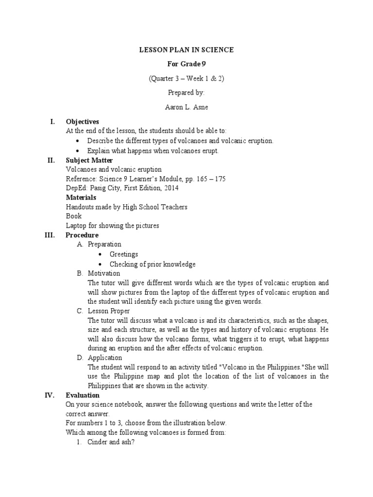 Quarter 3 - Week 1 & 2 Lesson Plan | PDF | Volcano | Types Of Volcanic ...