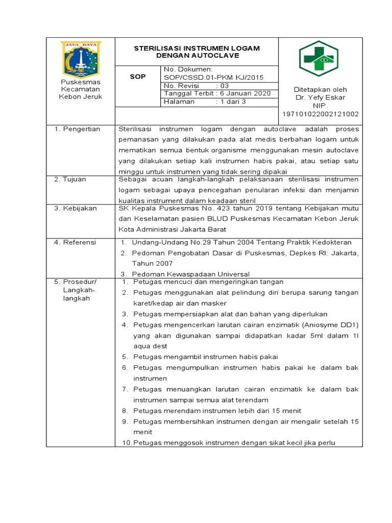 Cssd. 01 Sop - DT Sterilisasi Instrumen Logam Dengan Autoclave Revisi | PDF