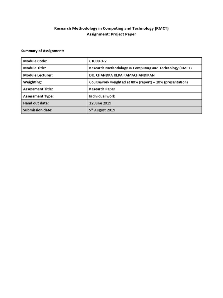 Research Methodology in Computing and Technology (RMCT) Assignment: Project Paper | Download ...