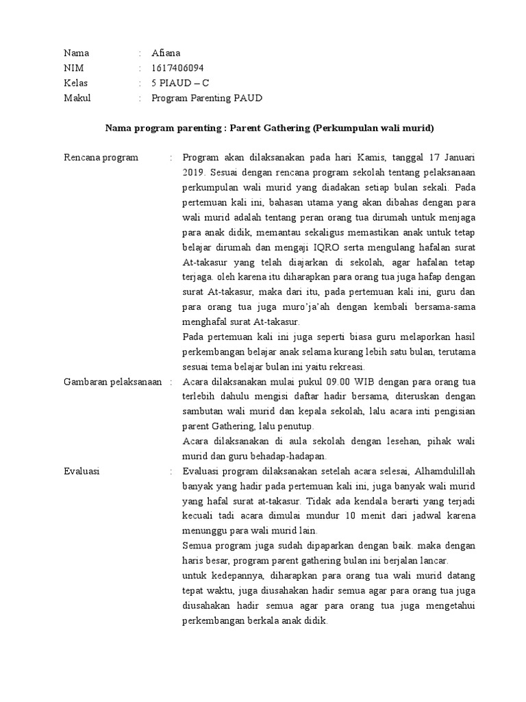 Program Parenting Paud | PDF