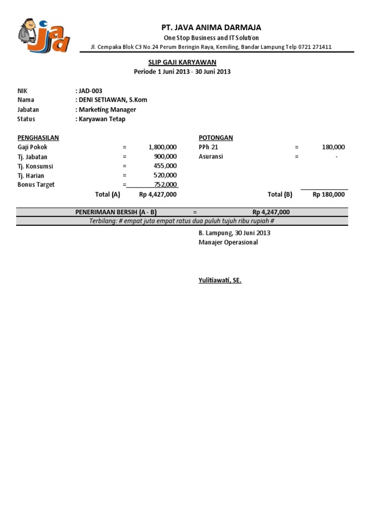 PT Java Anima Darmaja Slip Gaji Karyawan | PDF