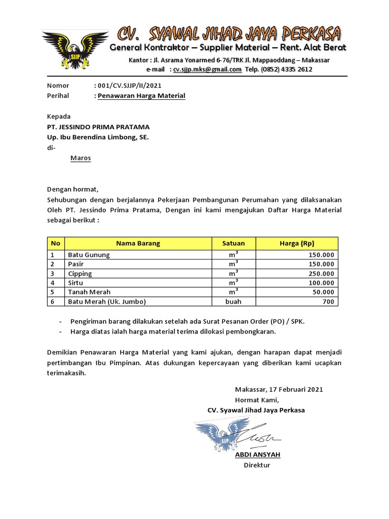 Surat Penawaran Harga Material | PDF