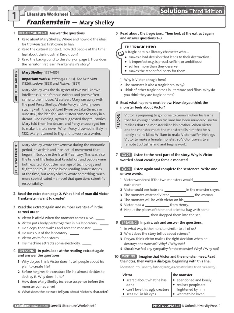 Solutions 3e Level 3 Literature Worksheet 1 3 | PDF | Frankenstein ...