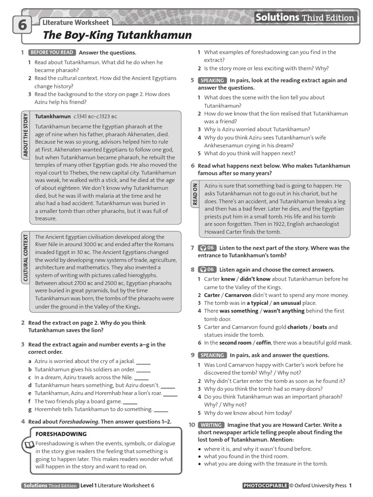 Solutions 3e Level 1 Literature Worksheet 6 | PDF | Tutankhamun ...