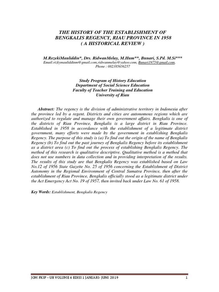 The History of The Establishment of Bengkalis Regency, Riau Province in ...