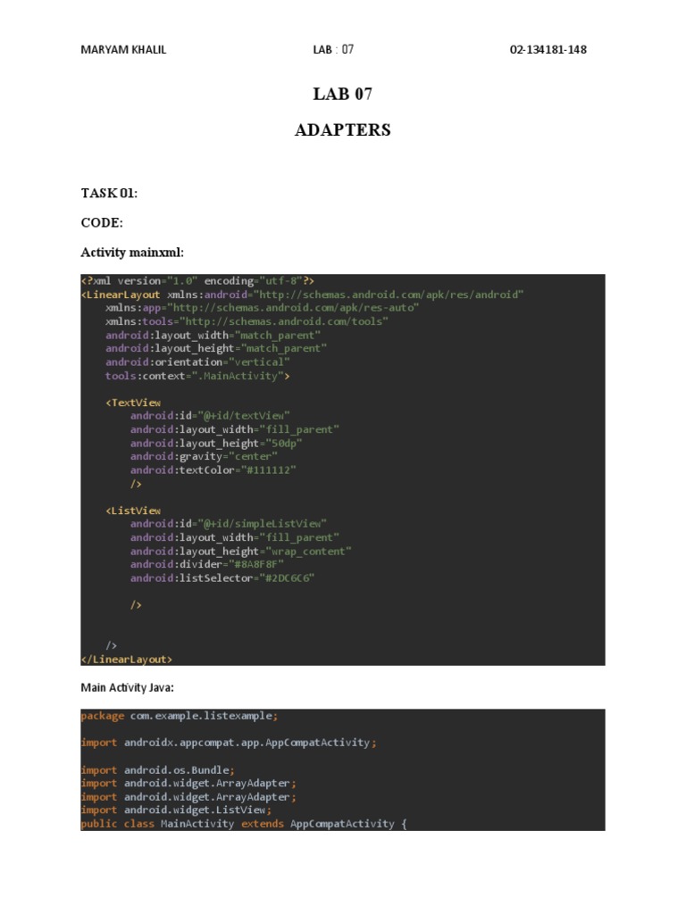 LAB 07 Adapters: TASK 01: Code: Activity Mainxml | PDF | Workweek And Weekend | Android ...