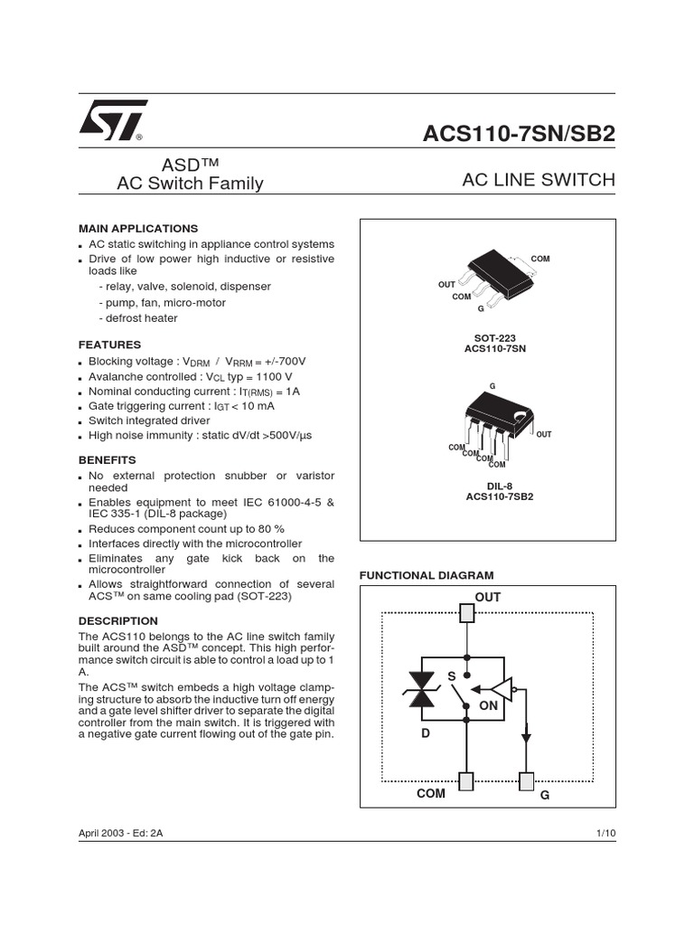 ACS110-7SN/SB2: Ac Line Switch Asd™ AC Switch Family | PDF ...