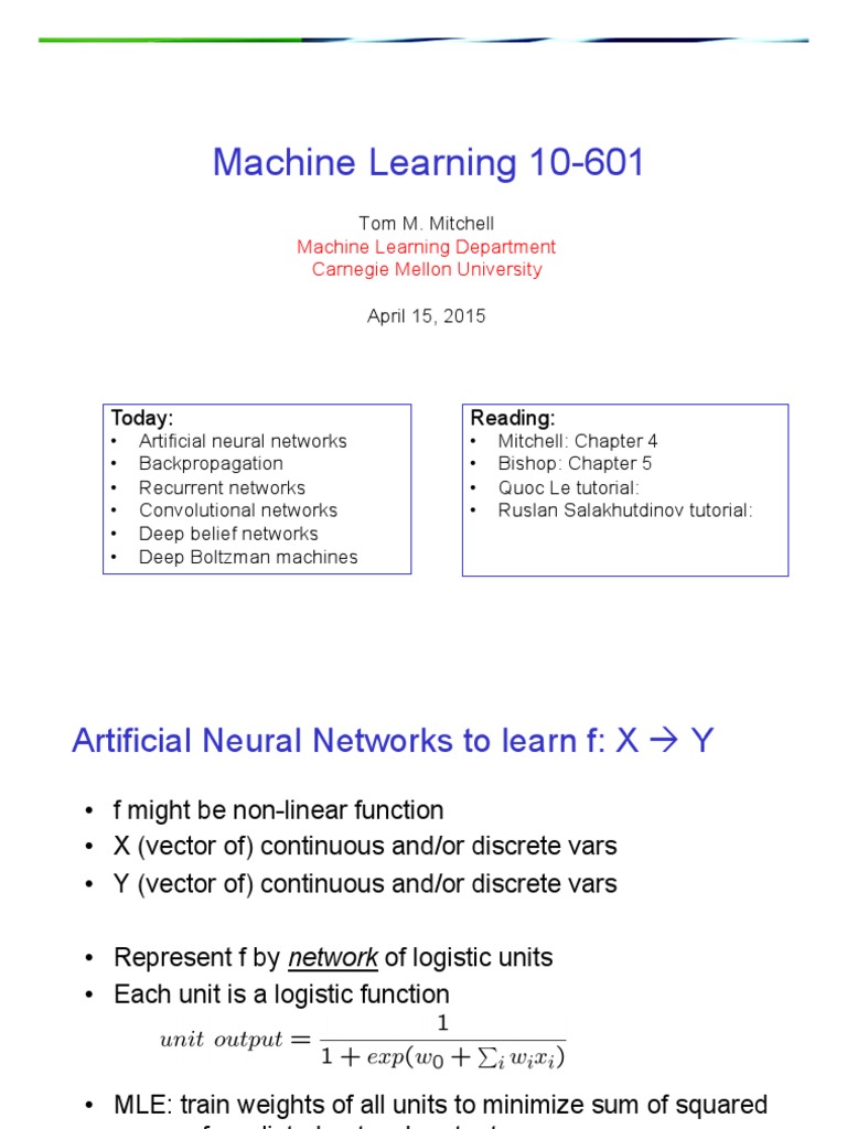 Tom M CMU ANN Lecture Notes | PDF | Artificial Neural Network | Cybernetics