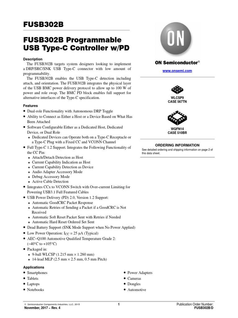 FUSB302B FUSB302B Programmable USB Type C Controller W/PD: Description ...
