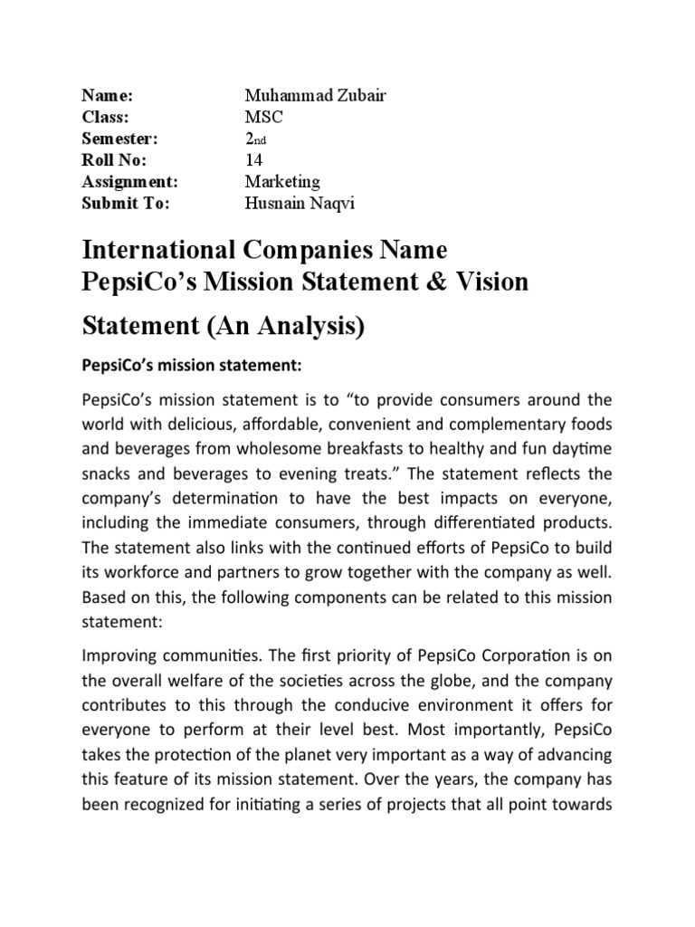 International Companies Name Pepsico'S Mission Statement & Vision ...